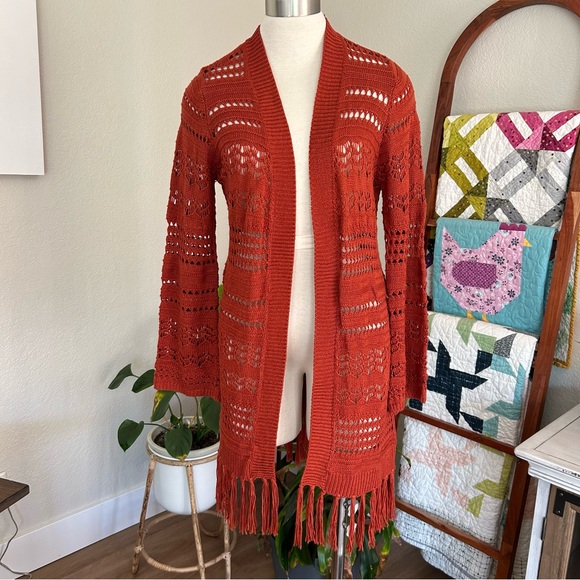 Alya | Sweaters | Alya Open Knit Fringe Cardigan Rust Small | Poshmark